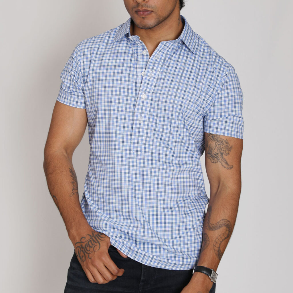 Semi-Spread Collar Polo Blue Check Short Sleeve - Rocky's (HK) Fashions